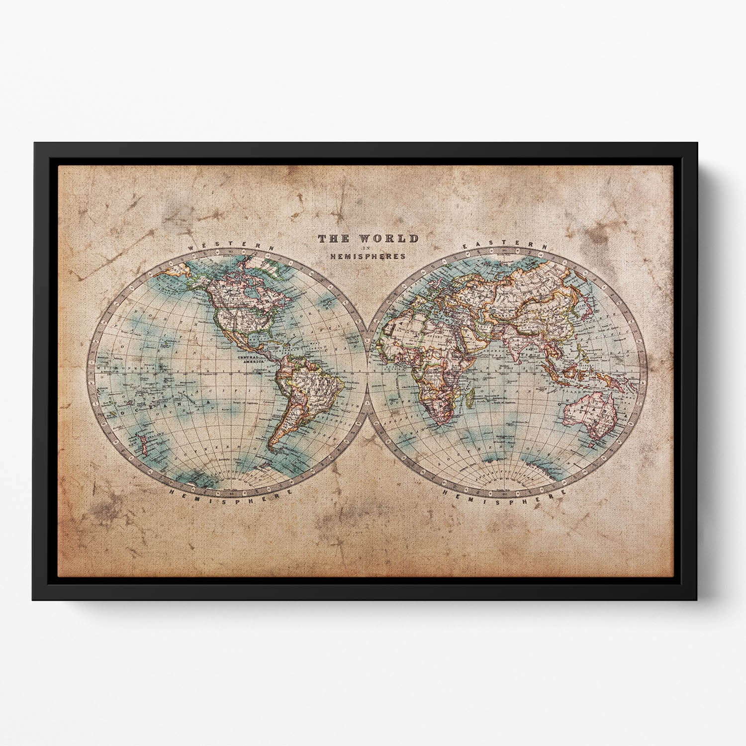 A genuine old stained World map Floating Framed Canvas | Canvas Art Rocks