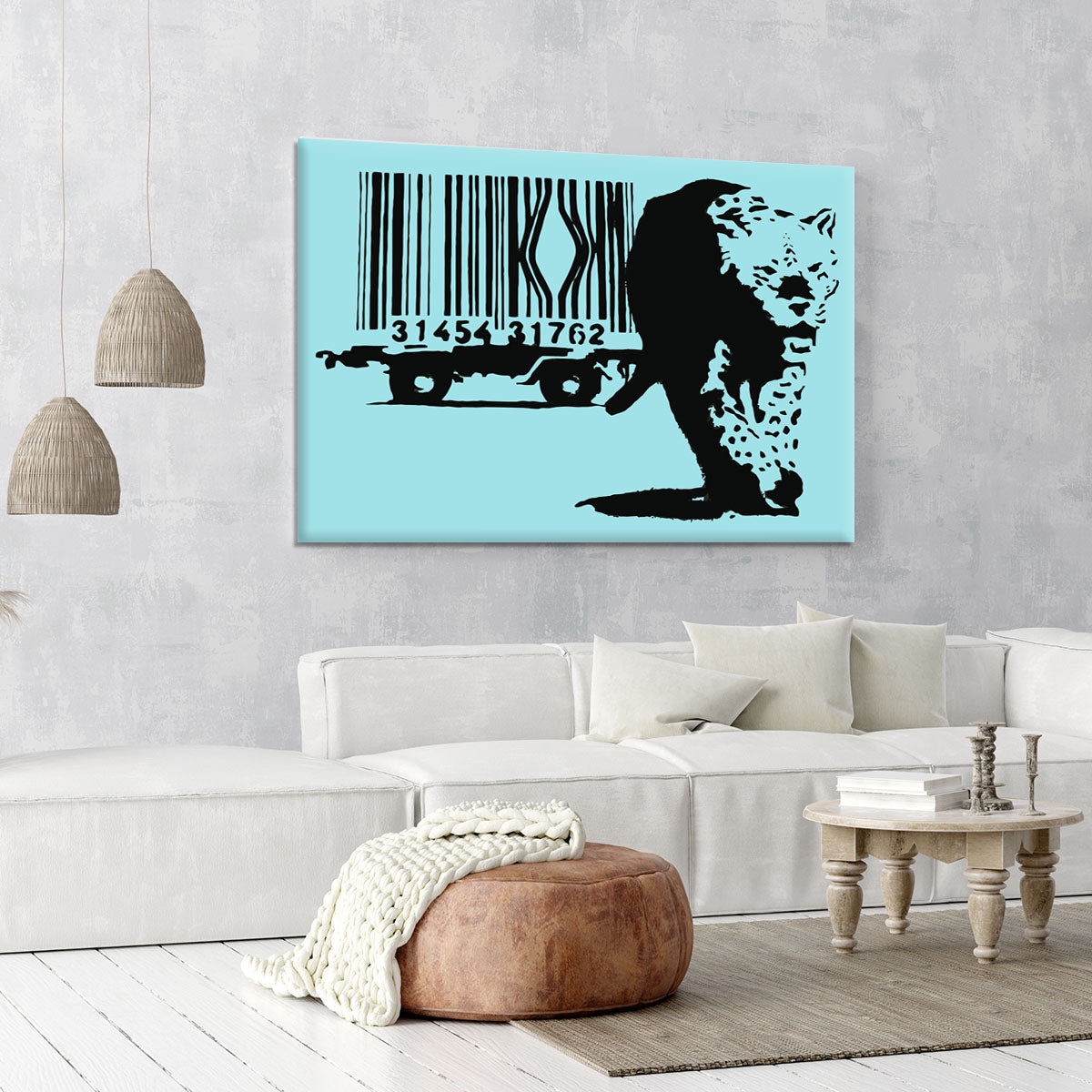 Banksy Barcode Leopard Light Blue Canvas Print or Poster | Canvas Art Rocks