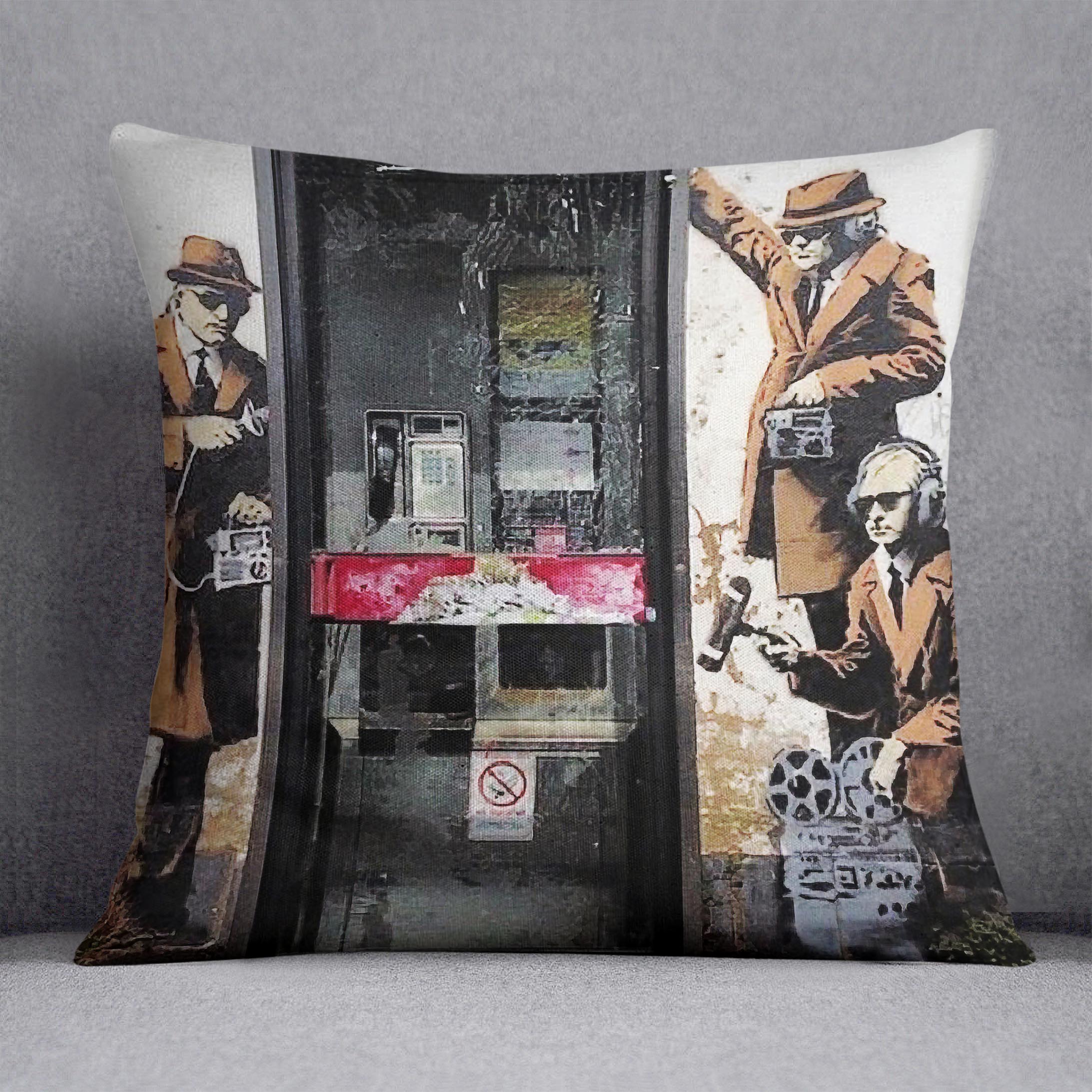 Banksy Cheltenham Telephone Box Spies Cushion | Canvas Art Rocks