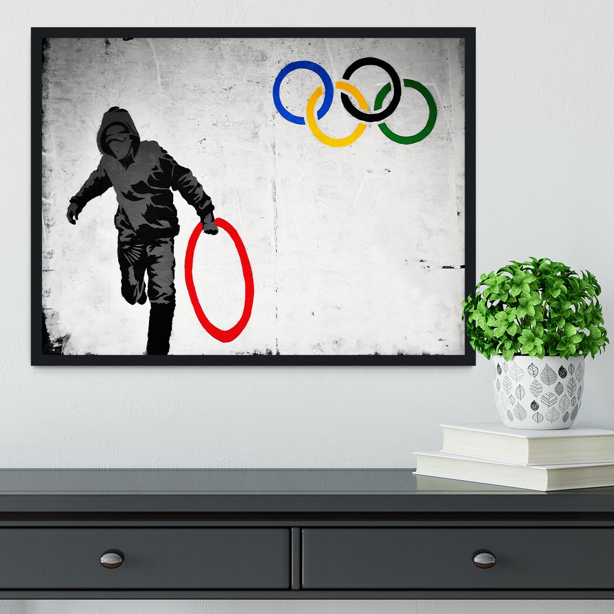 Banksy Olympic Rings Looter Framed Print | Canvas Art Rocks
