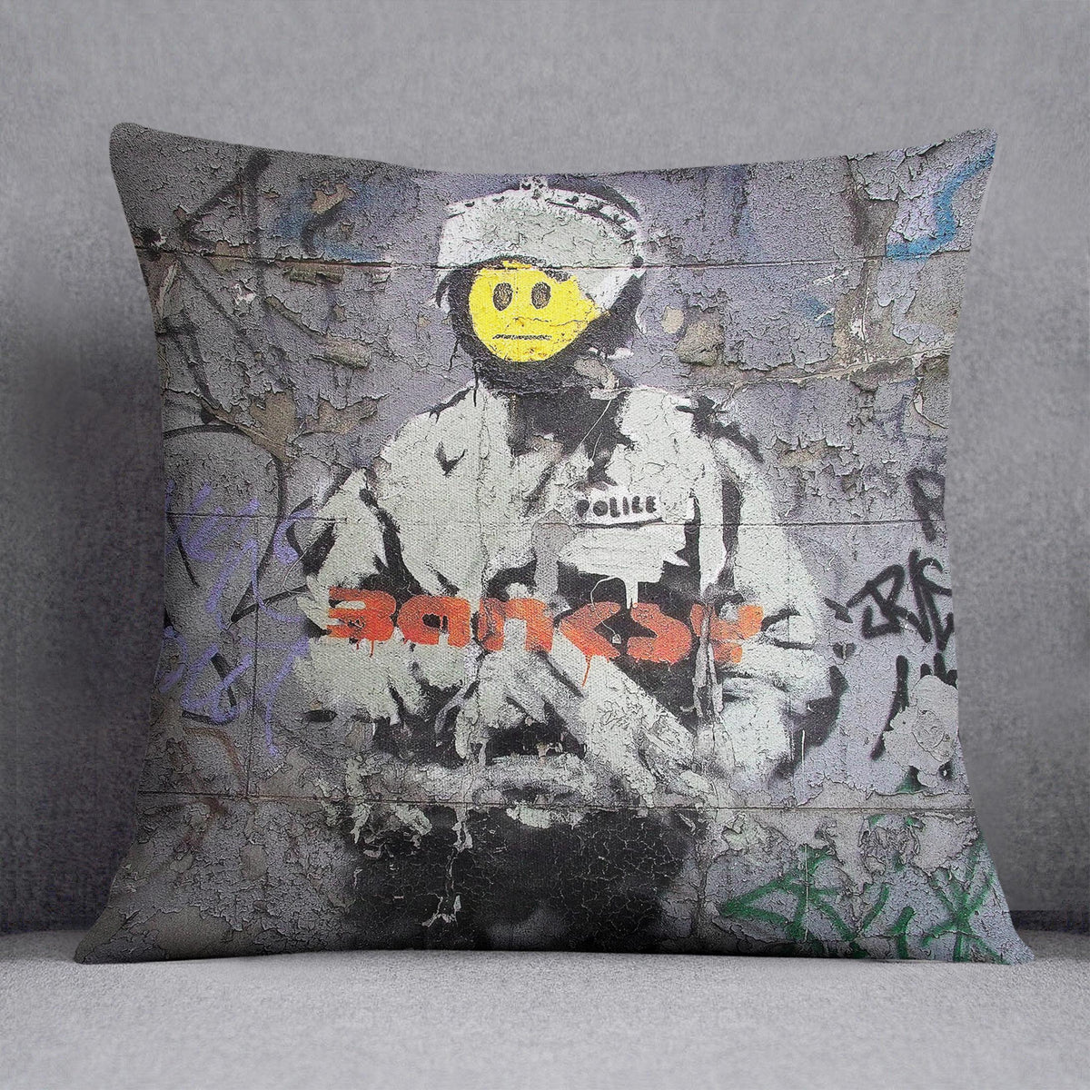 Banksy Smiley Riot Cop Cushion | Canvas Art Rocks