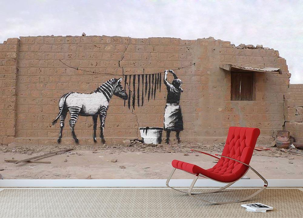 Banksy Washing Zebra Stripes Wall Mural Wallpaper | Canvas Art Rocks