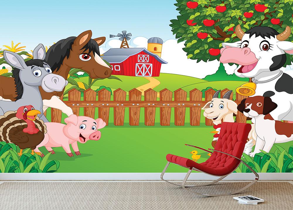 Cartoon happy animal collection Wall Mural Wallpaper | Canvas Art Rocks