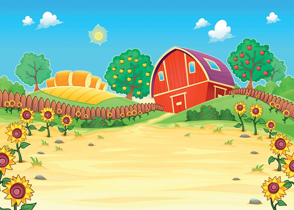 Funny landscape with the farm and sunflowers Wall Mural Wallpaper ...