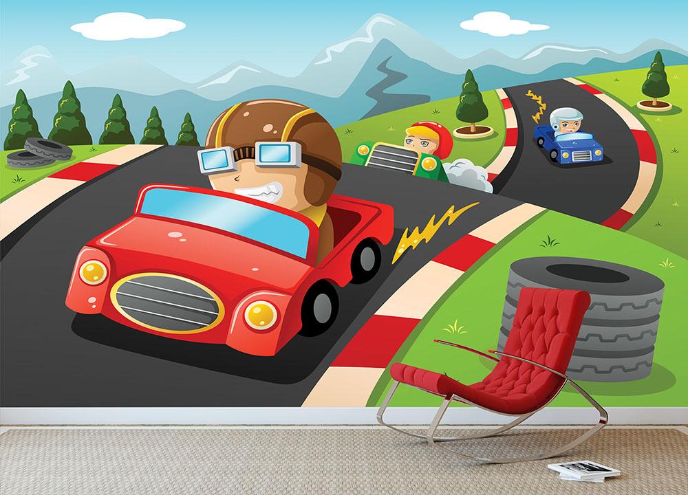 Illustration of happy kids in a car racing Wall Mural Wallpaper ...