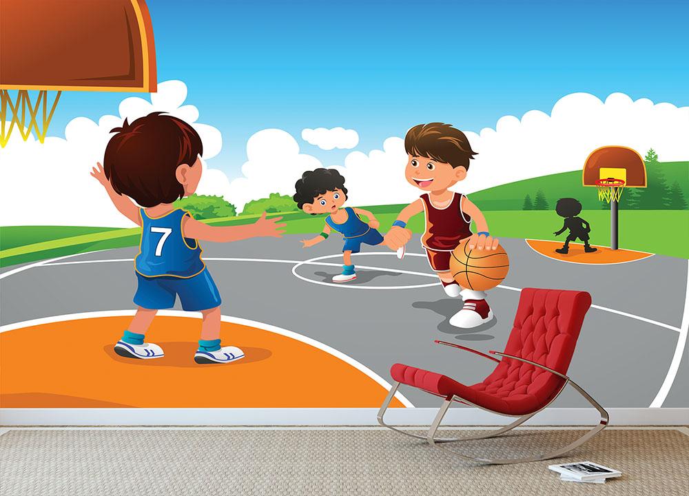 Kids playing basketball in a playground Wall Mural Wallpaper | Canvas ...