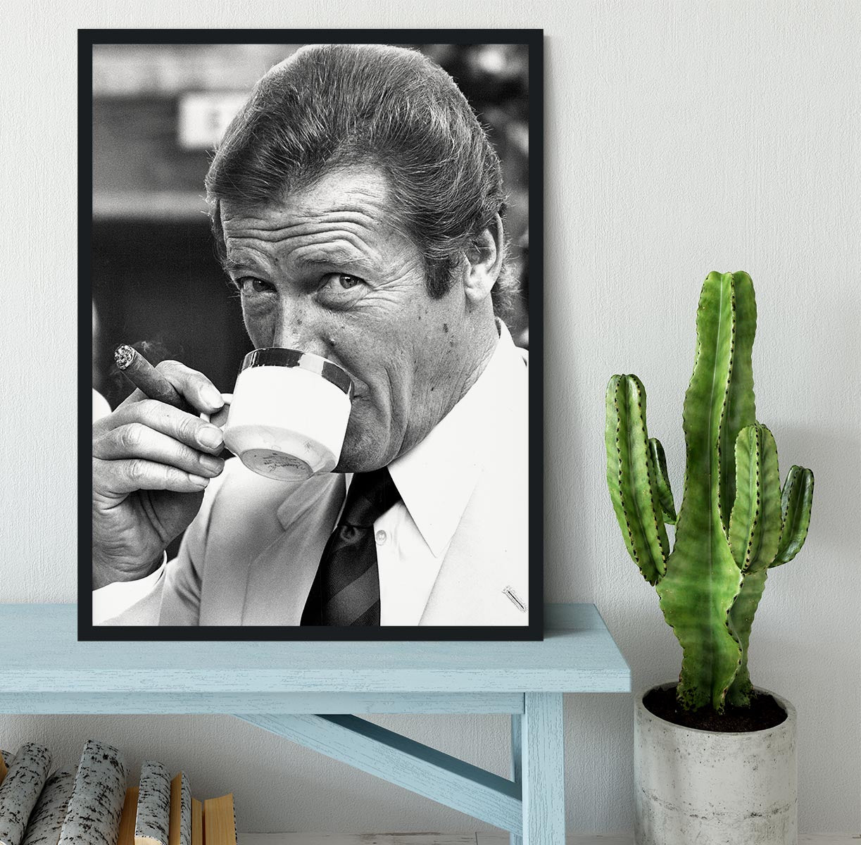 Roger Moore with coffee and a cigar Framed Print | Canvas Art Rocks