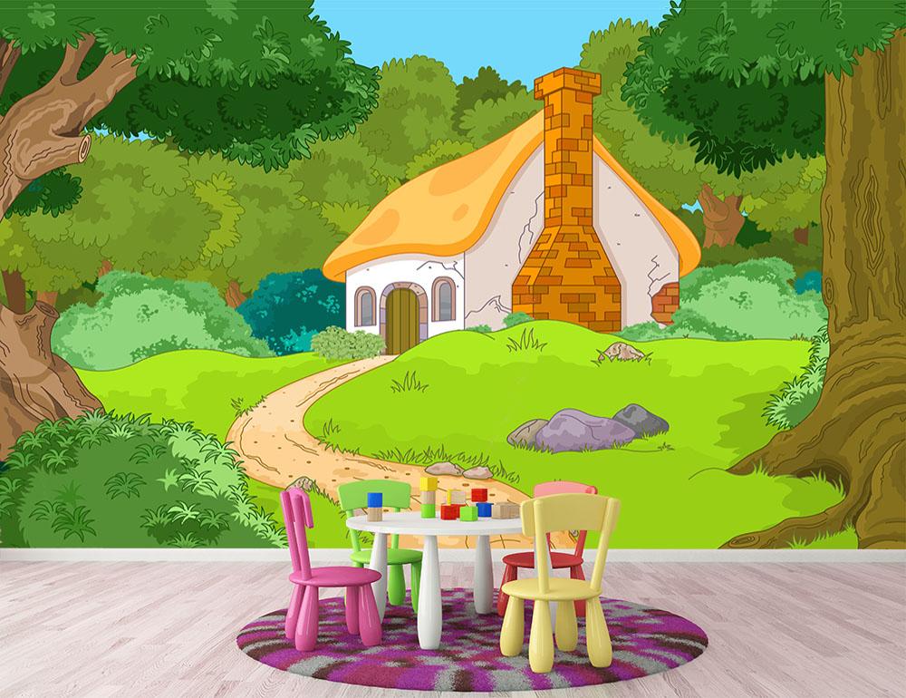 Rural Cartoon Forest Cabin Landscape Wall Mural Wallpaper | Canvas Art ...
