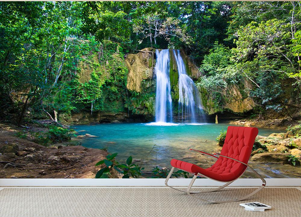 waterfall in deep green forest Wall Mural Wallpaper | Canvas Art Rocks